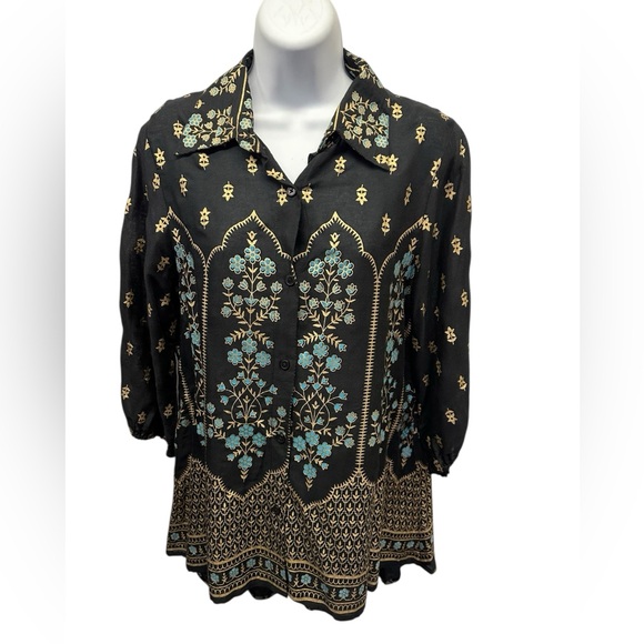 Lapogee | Tops | Vintageinspired Floral Border Print Blouse In Black ...